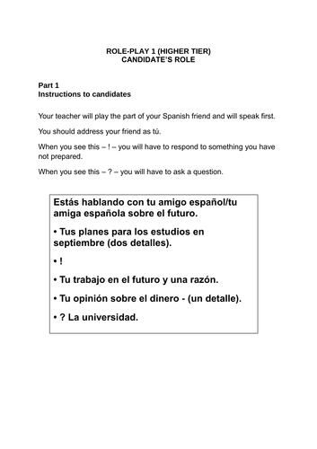 Spanish GCSE Higher school role play | Teaching Resources