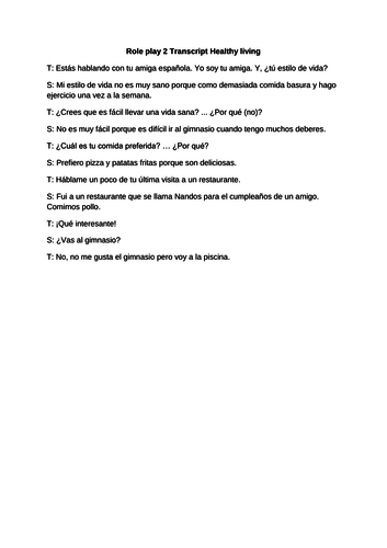 Spanish GCSE Higher healthy living role play | Teaching Resources