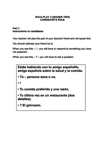 Spanish GCSE Higher healthy living role play | Teaching Resources