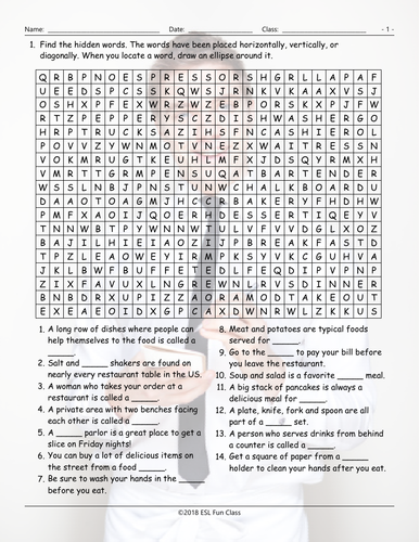 Restaurant Things-Activities Word Search Worksheet | Teaching Resources