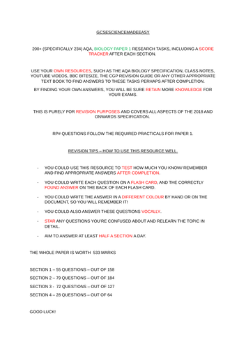 200+ GCSE BIOLOGY PAPER 1 RESEARCH QUESTIONS FOR AQA 9-1. | Teaching ...