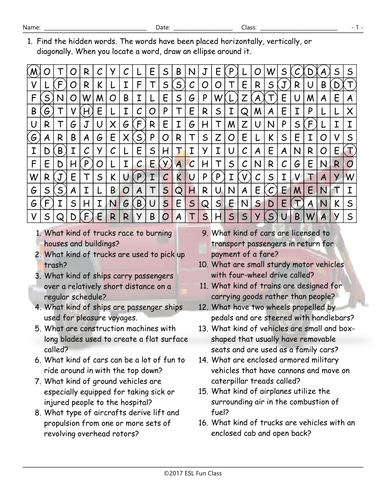 Transportation-Vehicles Word Search Worksheet | Teaching Resources