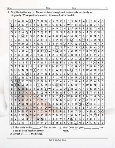 Place Prepositions Word Search Worksheet | Teaching Resources