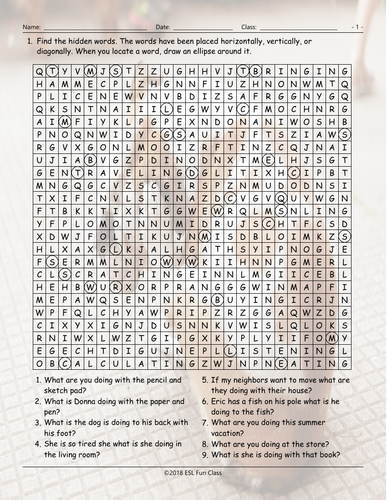 Present Continuous Tense Word Search Worksheet | Teaching Resources