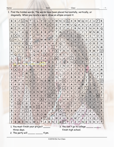 Time Prepositions Word Search Worksheet | Teaching Resources