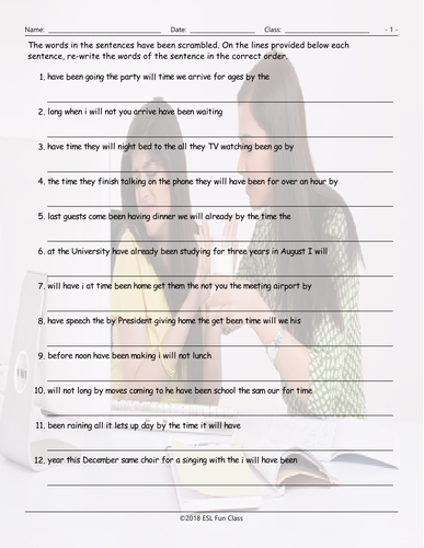 Future Perfect Continuous Tense Scrambled Sentences Worksheet ...