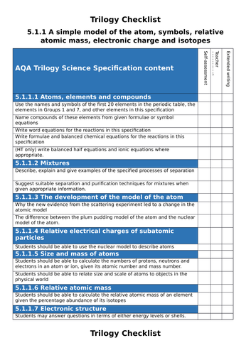 AQA Trilogy combined science Checklist for Chemistry 5.1.1 | Teaching ...