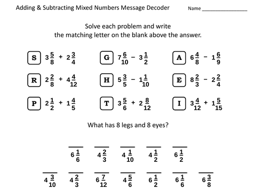 Adding and Subtracting Mixed Numbers Activity: Math Message Decoder | Teaching Resources