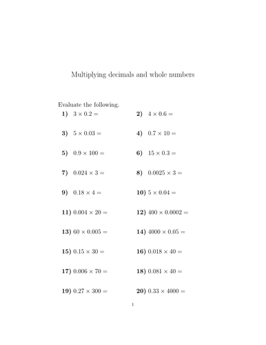 Multiplying decimals and whole numbers worksheet (with solutions ...