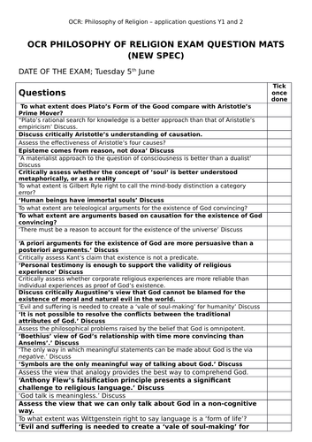 OCR A Level Religious Studies Exam Question Mats | Teaching Resources