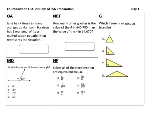4th Grade Countdown to FSA (Math) Standardized Test Review Packet ...