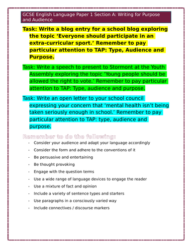 Writing for purpose and audience tasks | Teaching Resources