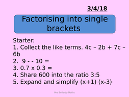 Factorising into single brackets | Teaching Resources