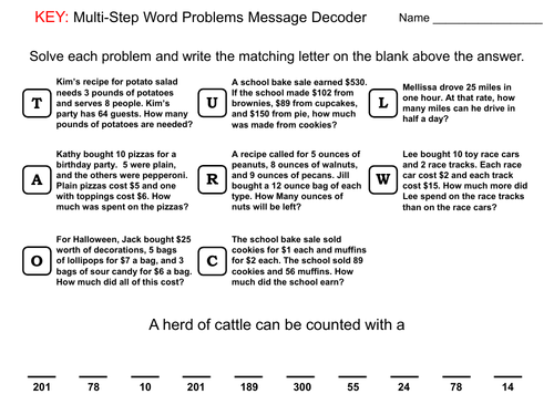 Multi-Step Word Problems Activity: Math Message Decoder | Teaching ...