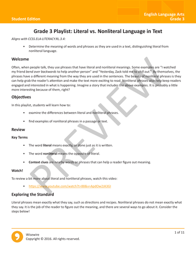 Literal vs. Nonliteral Language in Texts - Playlist and Teaching Notes ... Literal vs. Nonliteral Language in Texts - Playlist and Teaching Notes ...
