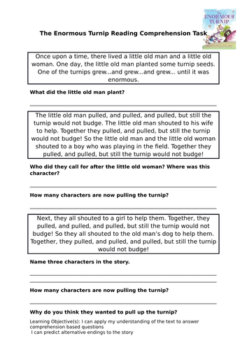 The very enormous turnip reading comprehension | Teaching Resources