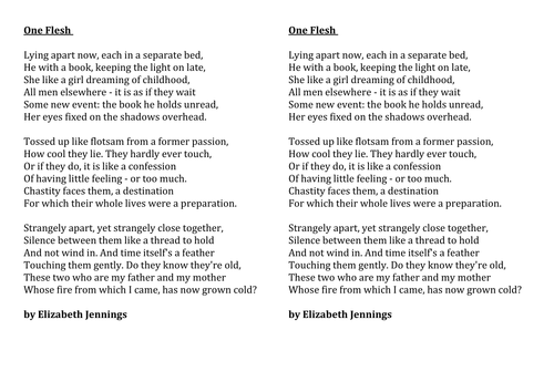 Elizabeth Jennings - 'One Flesh' poem | Teaching Resources