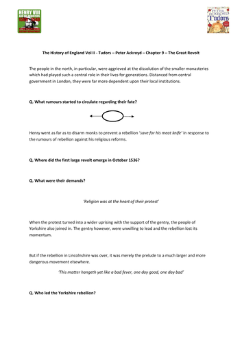 Tudors - Peter Ackroyd - Chp 9 -The Great Revolt - Supporting Worksheet ...