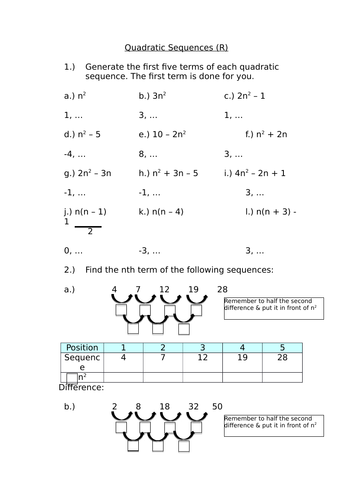 Quadratic Sequences 9 1 Gcse Teaching Resources