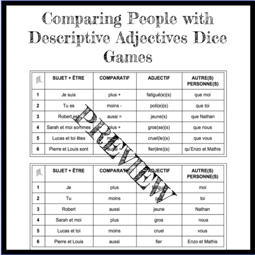 French Comparative with Adjectives Dice Games - Jeux de Dés | Teaching ...