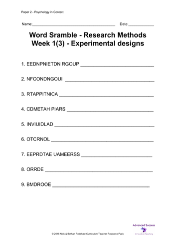 Activity - Word Scamble - Research Methods - Week 1 (3) Experimental ...