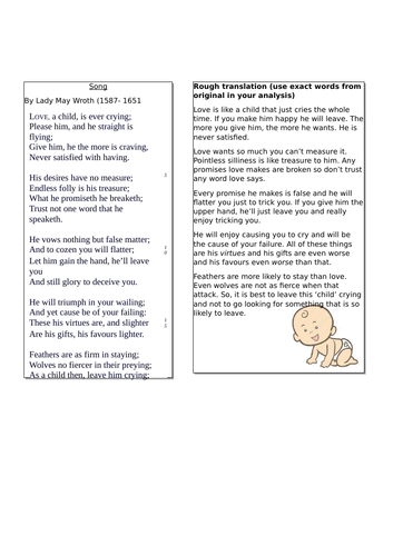 Song by Mary Wroth Poem Translation | Teaching Resources