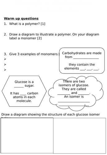 Biological Molecules Carbohydrates Revision | Teaching Resources