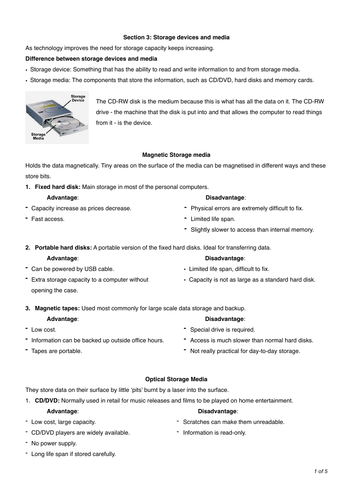 IGCSE ICT Revision Unit 3: Storage devices and media with sample questions | Teaching Resources