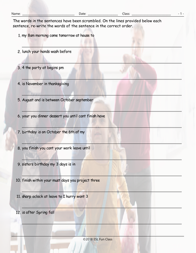 Time Prepositions Scrambled Sentences Worksheet | Teaching Resources