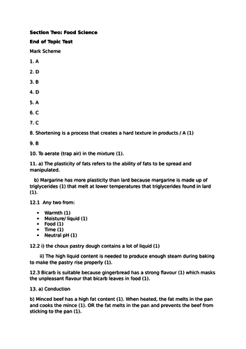 Food Science End of Topic Test | Teaching Resources