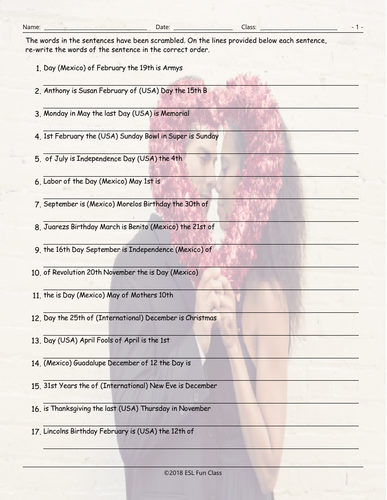 American-Mexican Holidays Scrambled Sentences Worksheets | Teaching ...
