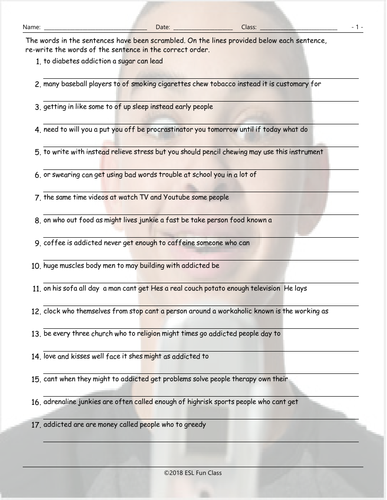 Bad Habits-Addictions Scrambled Sentences Worksheet | Teaching Resources