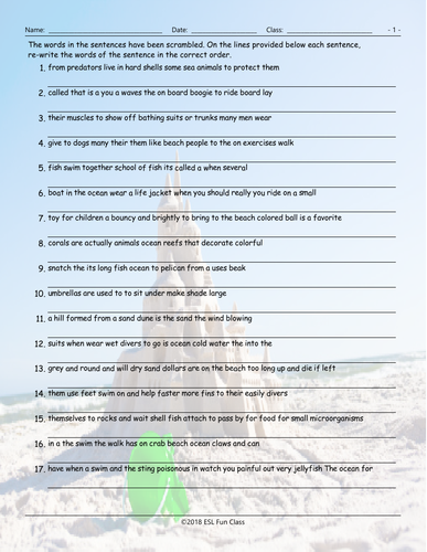 Beach Activities-Things Scrambled Sentences Worksheet | Teaching Resources