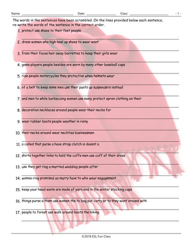 Clothing Accessories-Footwear Scrambled Sentences Worksheet | Teaching ...