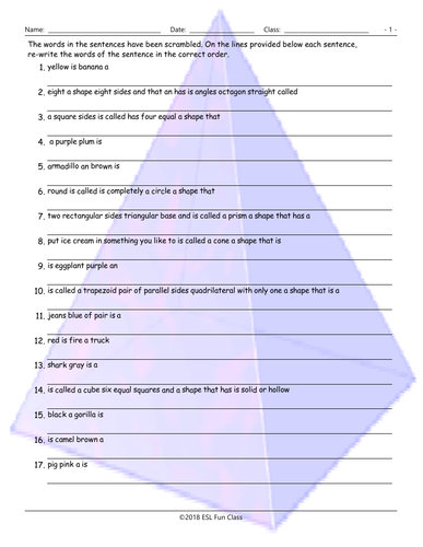 Colors-Shapes Scrambled Sentences Worksheet | Teaching Resources