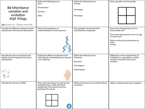 AQA Trilogy B6 Inheritance, variation and evolution revision grids | Teaching Resources