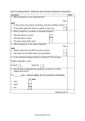 Year 6 SPAG PPT and Assessment: Formal and Informal Sentence Structure ...