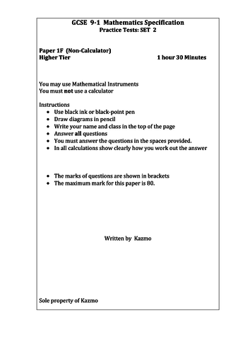 9-1 Maths GCSE Exam Paper -1B | Teaching Resources 9-1 Maths GCSE Exam Paper -1B | Teaching Resources