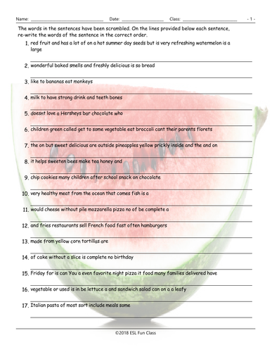 Food Items Scrambled Sentences Worksheet | Teaching Resources