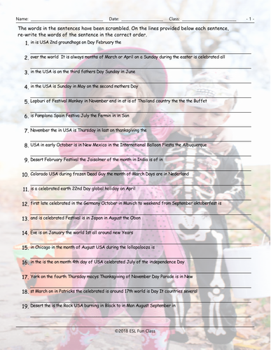 Holidays-Festivals Around the World Scrambled Sentences Worksheet ...