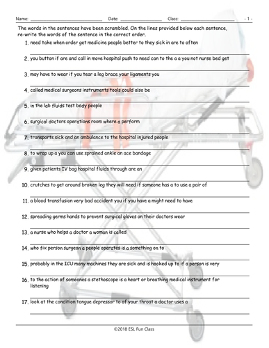 Hospitals-Injuries Scrambled Sentences Worksheet | Teaching Resources
