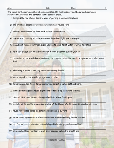 Houses-Apartments Types-Features Scrambled Sentences Worksheet ...