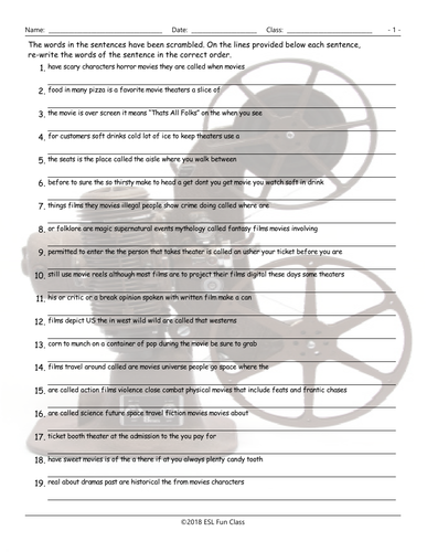 Movie Things-Genres Scrambled Sentences Worksheet | Teaching Resources