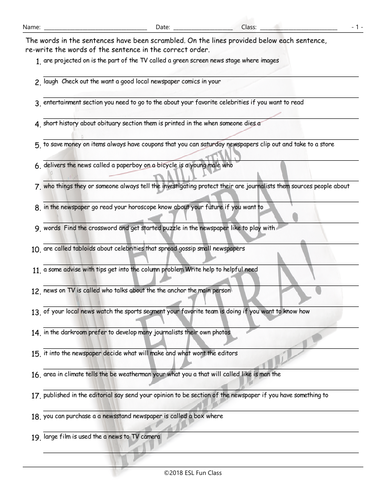 News Media Scrambled Sentences Worksheet | Teaching Resources