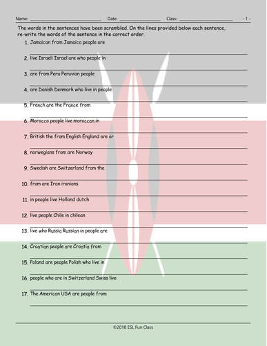 Origins-Nationalities Scrambled Sentences Worksheet | Teaching Resources