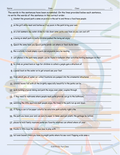 Park Activities Scrambled Sentences Worksheet | Teaching Resources