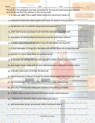 Restaurant Activities-Things Scrambled Sentences Worksheet | Teaching ...