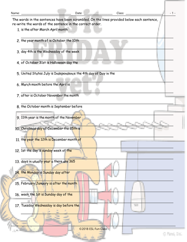 Weekdays-Months-Dates Scrambled Sentences Worksheet | Teaching Resources