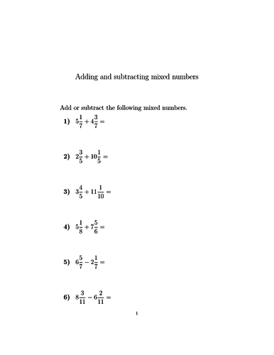 Adding and subtracting mixed numbers worksheet (with solutions ...