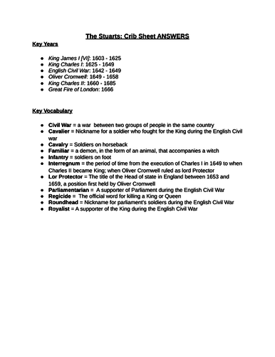 English Civil War Revision Crib sheets | Teaching Resources